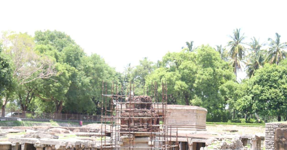 iron rod supports for the ruined monuments of hampi
