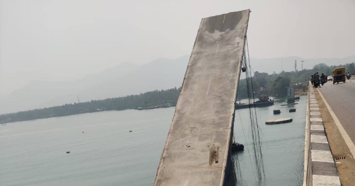 the old bridge over kali river in karwar is slab leaning